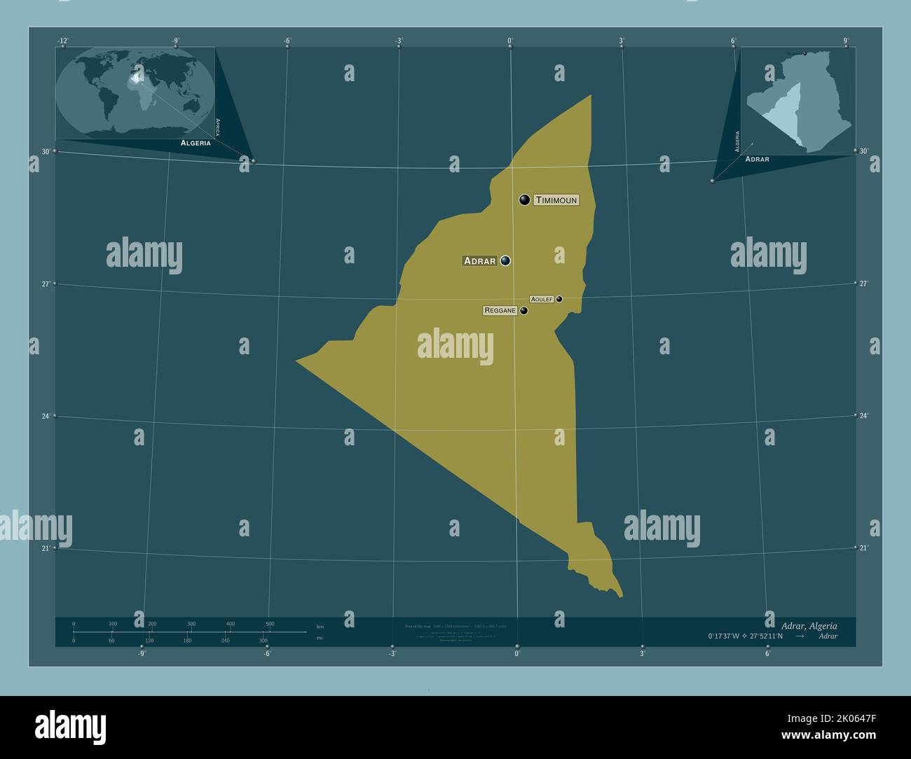 Adrar, province of Algeria. Solid color shape. Locations and names of ...