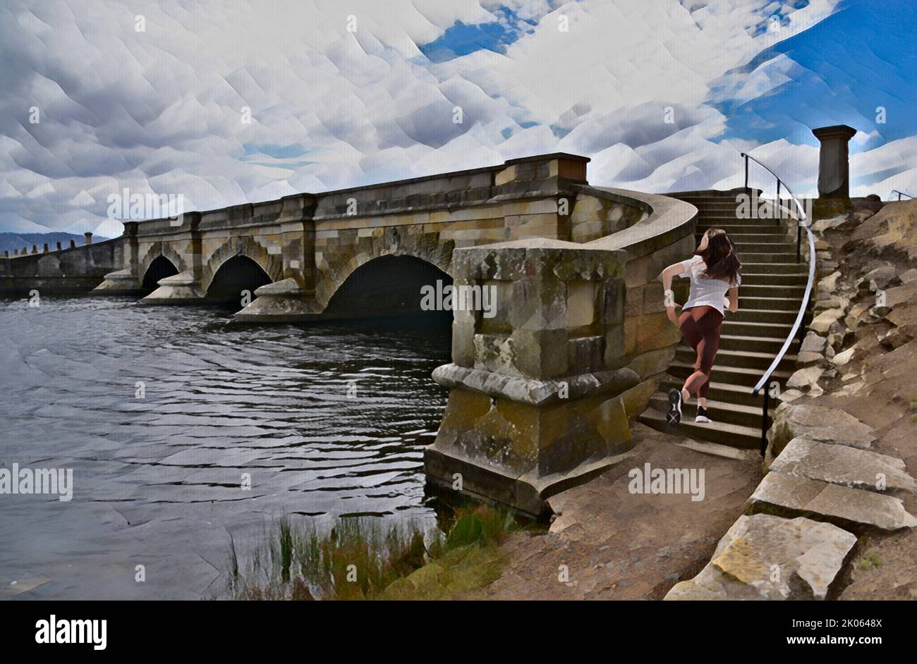Book cover of woman running up stairs of heritage bridge hi-res stock ...