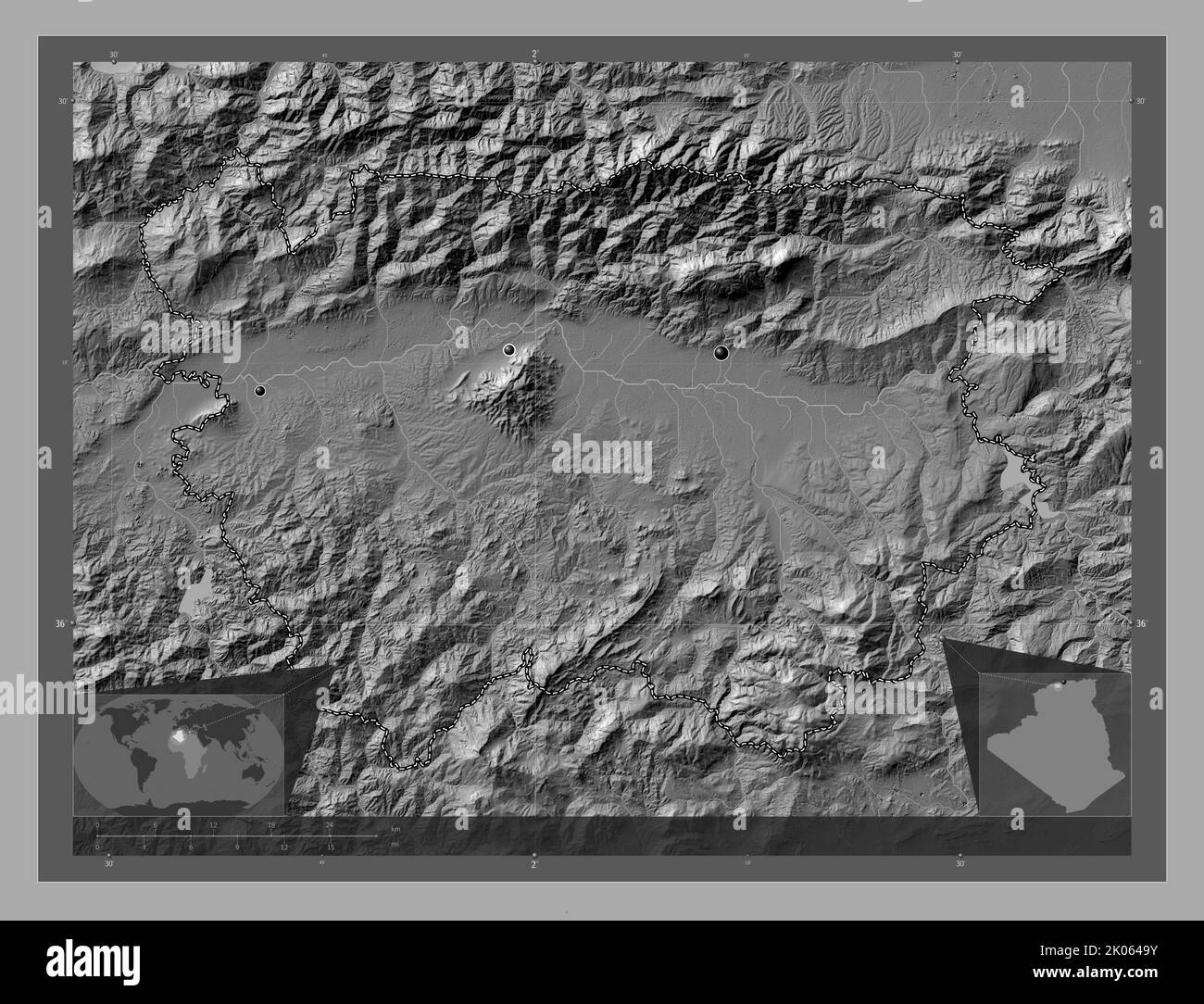 Ain Defla, province of Algeria. Bilevel elevation map with lakes and ...