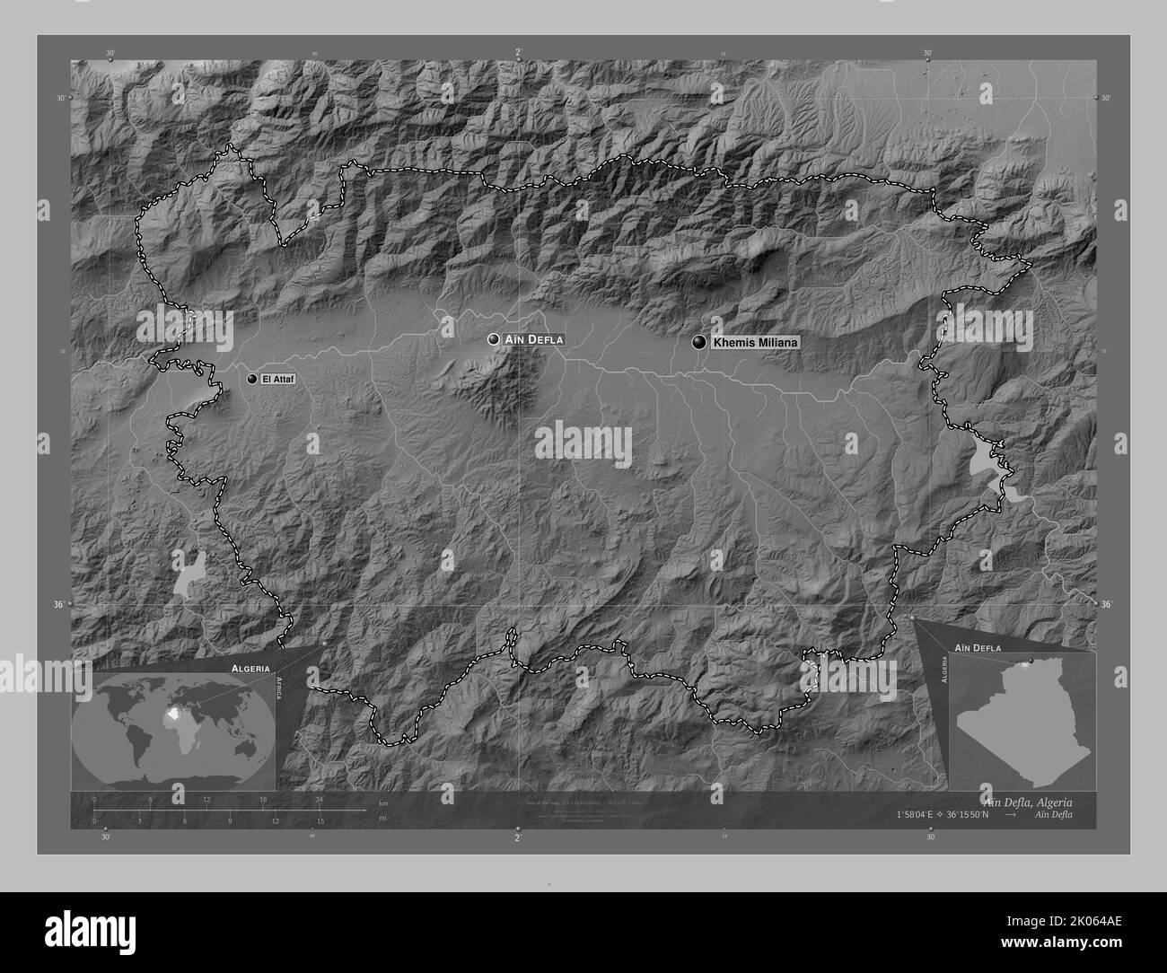 Ain Defla, province of Algeria. Grayscale elevation map with lakes and ...