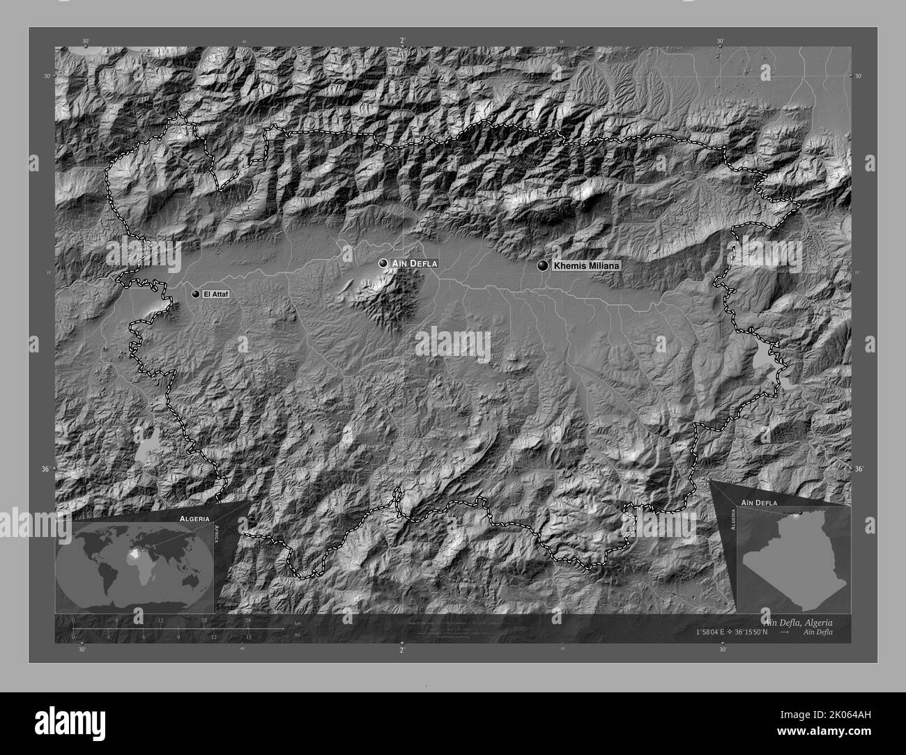 Ain Defla, province of Algeria. Bilevel elevation map with lakes and ...