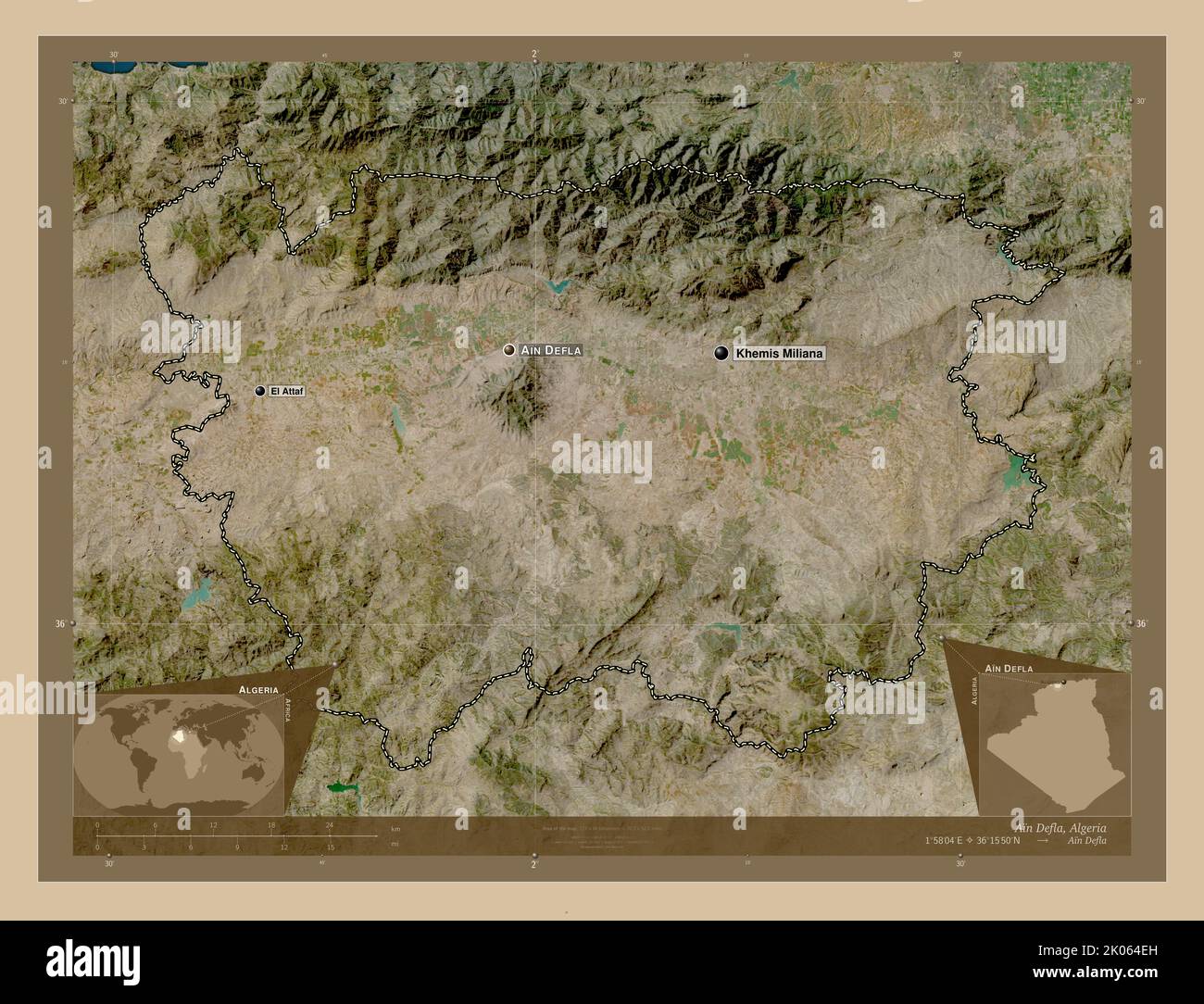 Ain Defla, province of Algeria. Low resolution satellite map. Locations ...