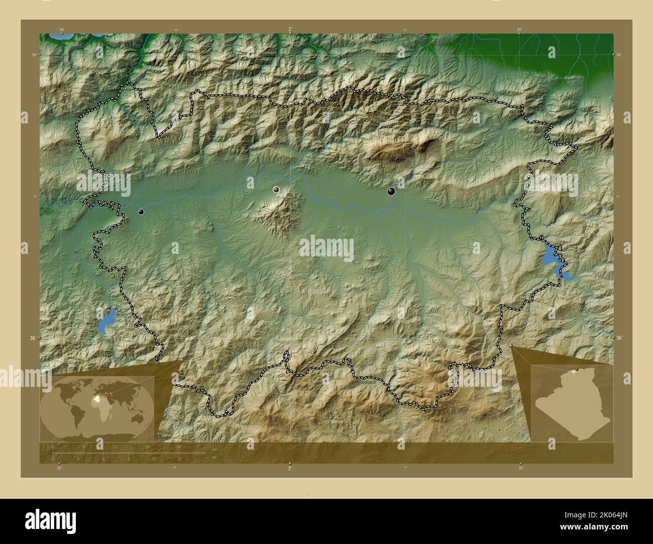 Ain Defla, province of Algeria. Colored elevation map with lakes and ...