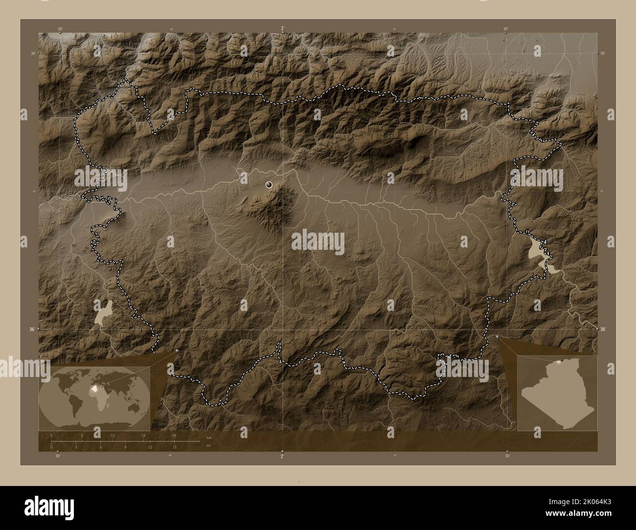 Ain Defla, province of Algeria. Elevation map colored in sepia tones ...