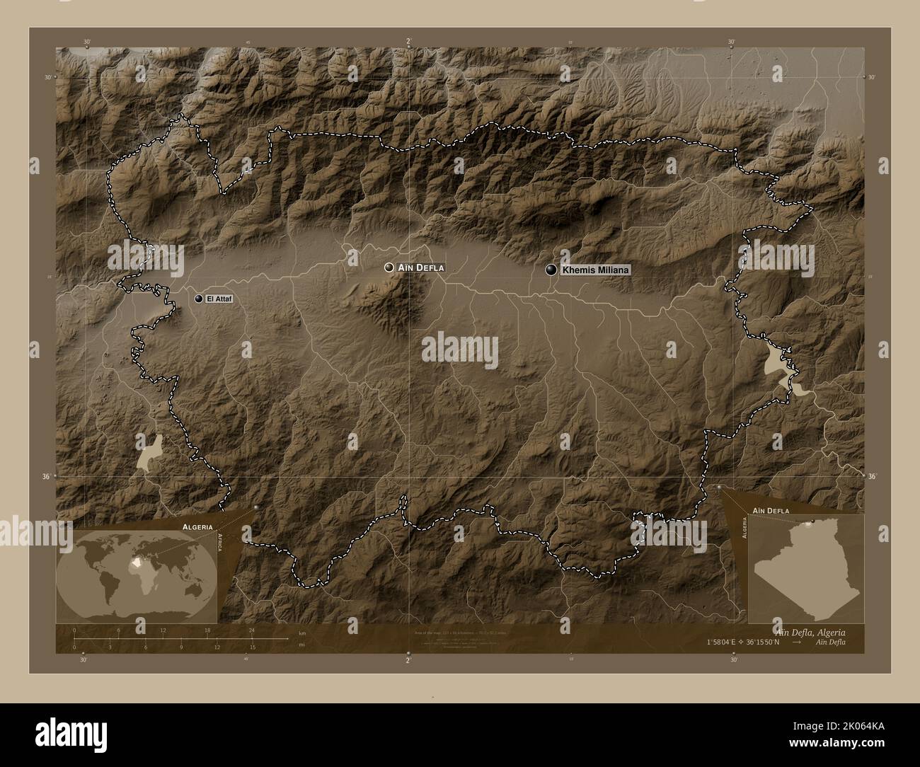 Ain Defla, province of Algeria. Elevation map colored in sepia tones ...