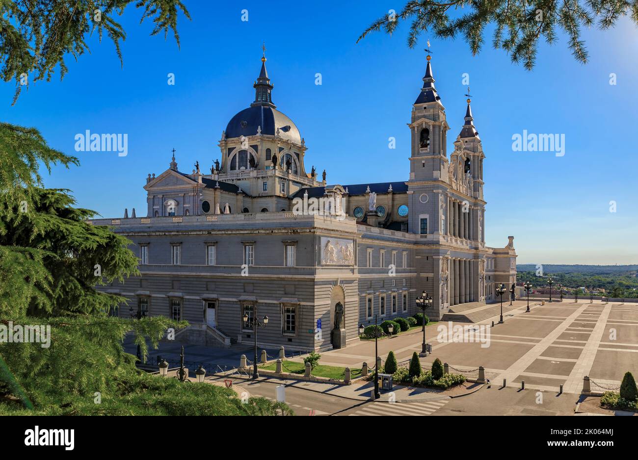 Aerial view of the Cathedral of Our Lady of La Almudena and Plaza de la ...