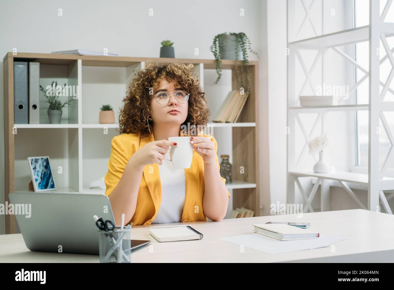 work break coffee time woman laptop home office Stock Photo - Alamy