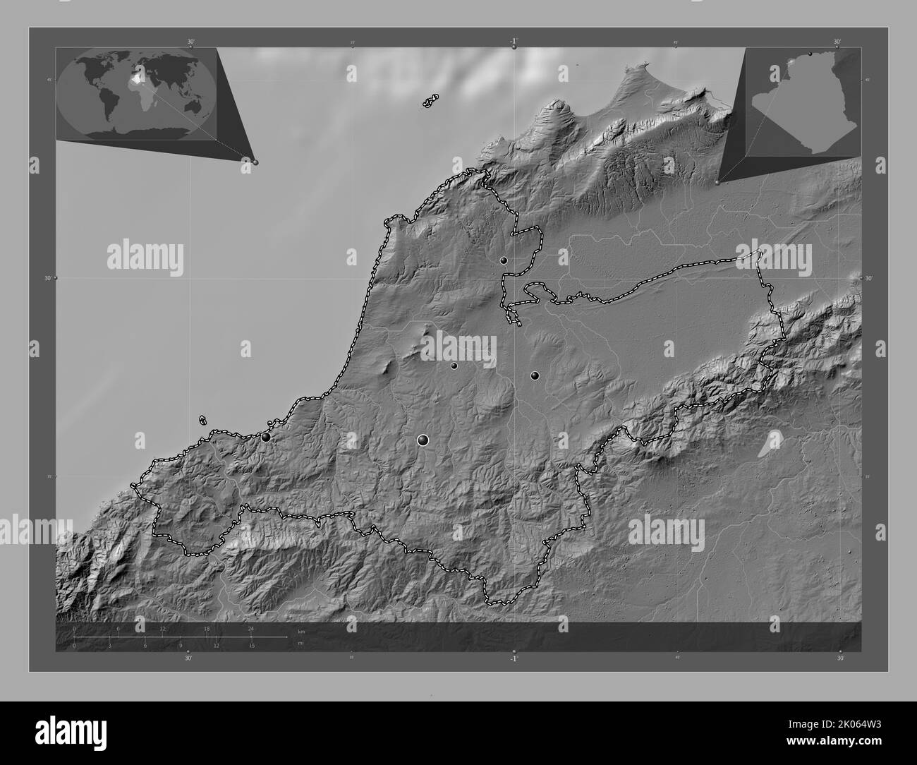 Ain Temouchent, province of Algeria. Bilevel elevation map with lakes ...