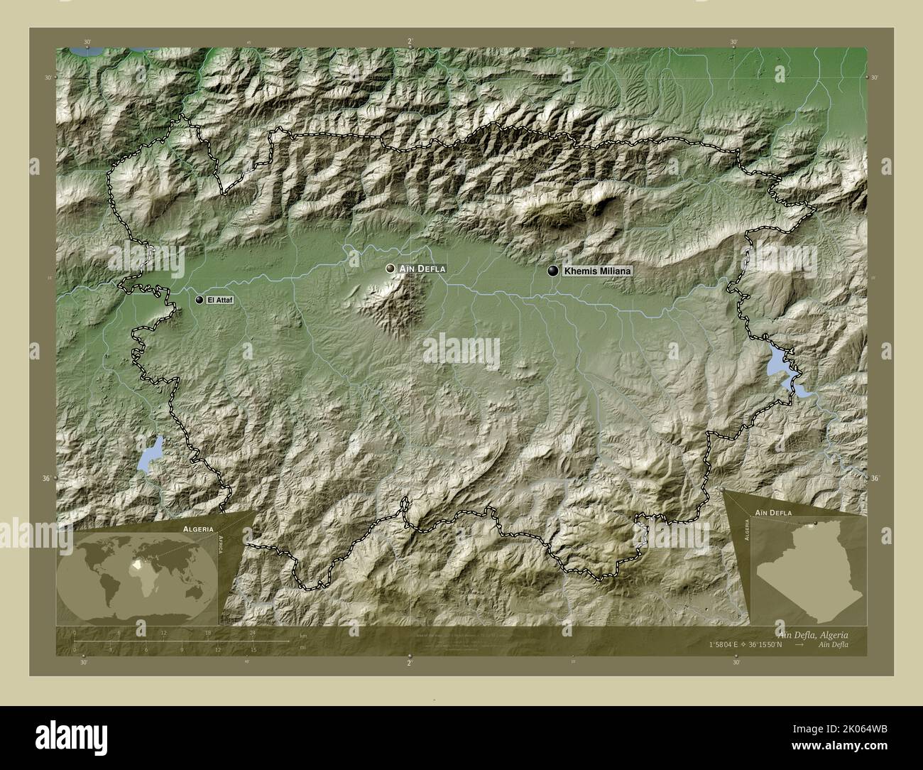 Ain Defla, province of Algeria. Elevation map colored in wiki style ...