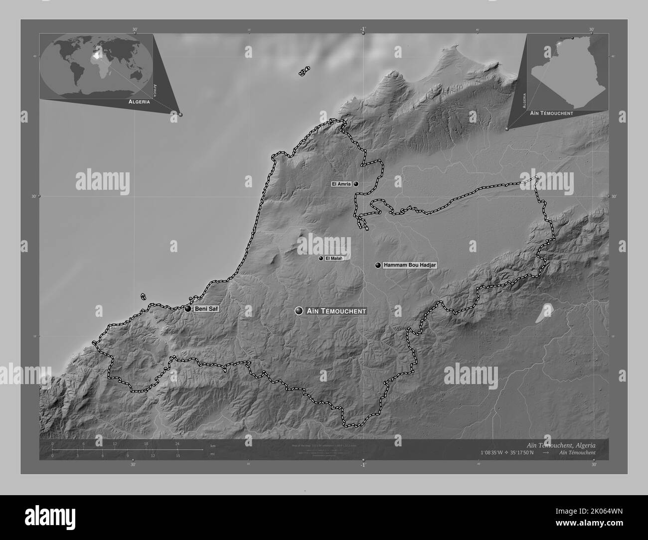 Ain Temouchent, province of Algeria. Grayscale elevation map with lakes ...