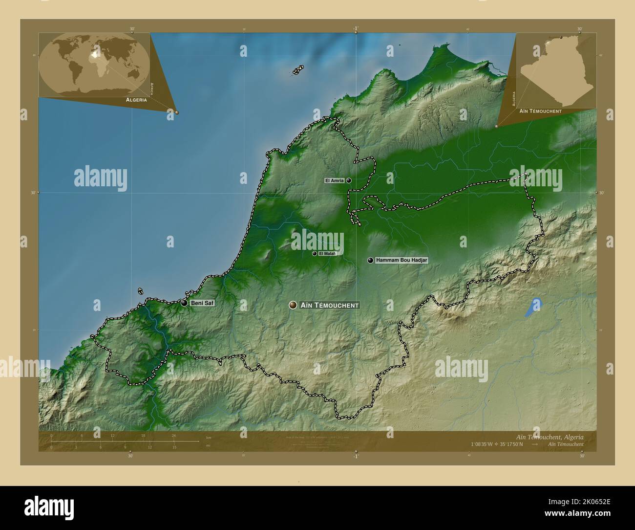 Ain Temouchent, province of Algeria. Colored elevation map with lakes ...