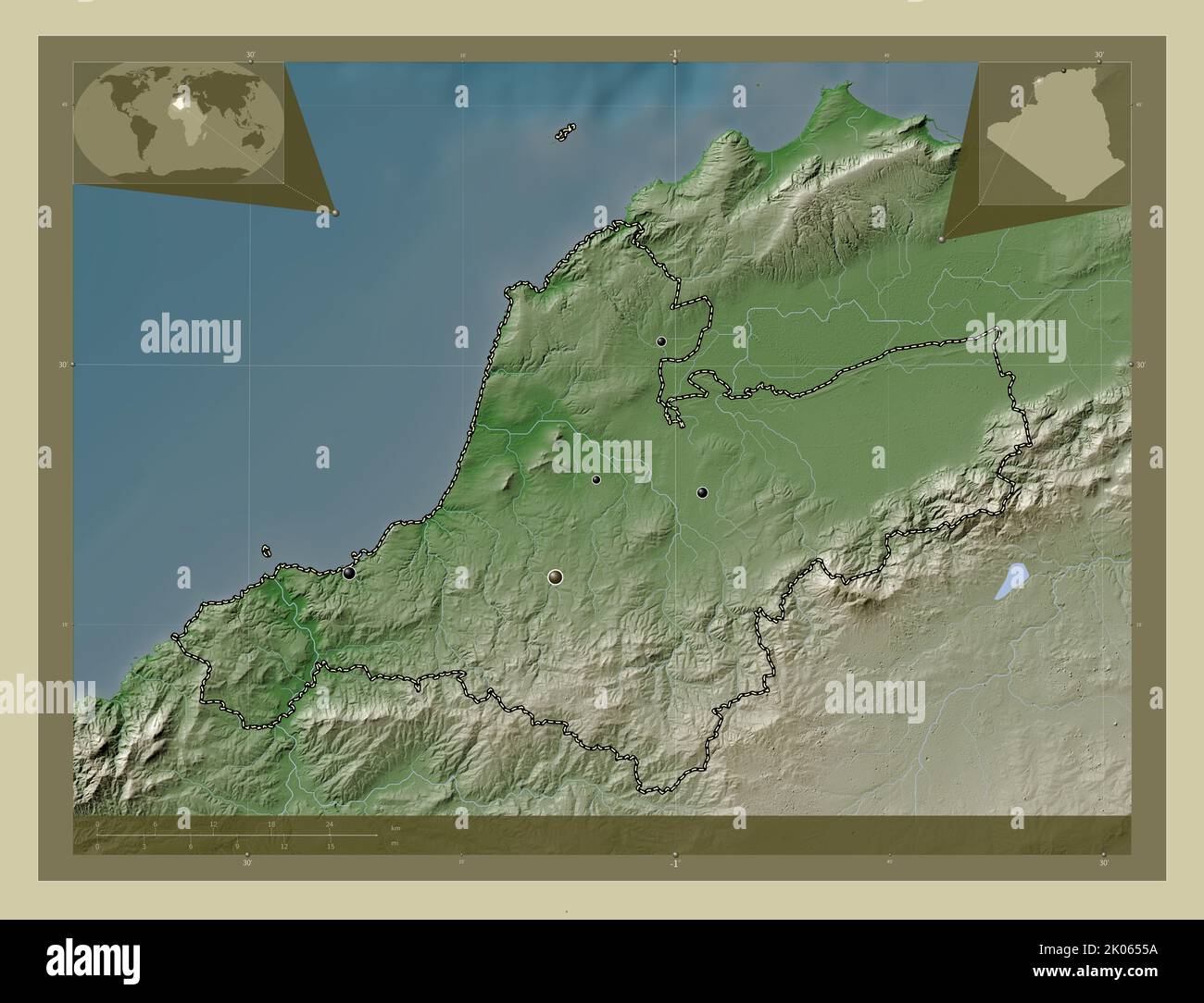 Ain Temouchent, province of Algeria. Elevation map colored in wiki ...