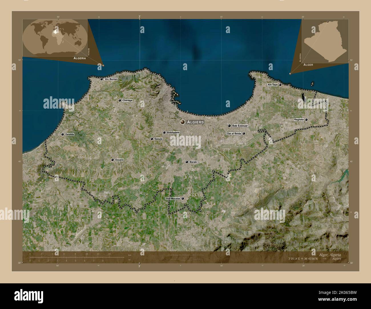 Alger, province of Algeria. Low resolution satellite map. Locations and ...