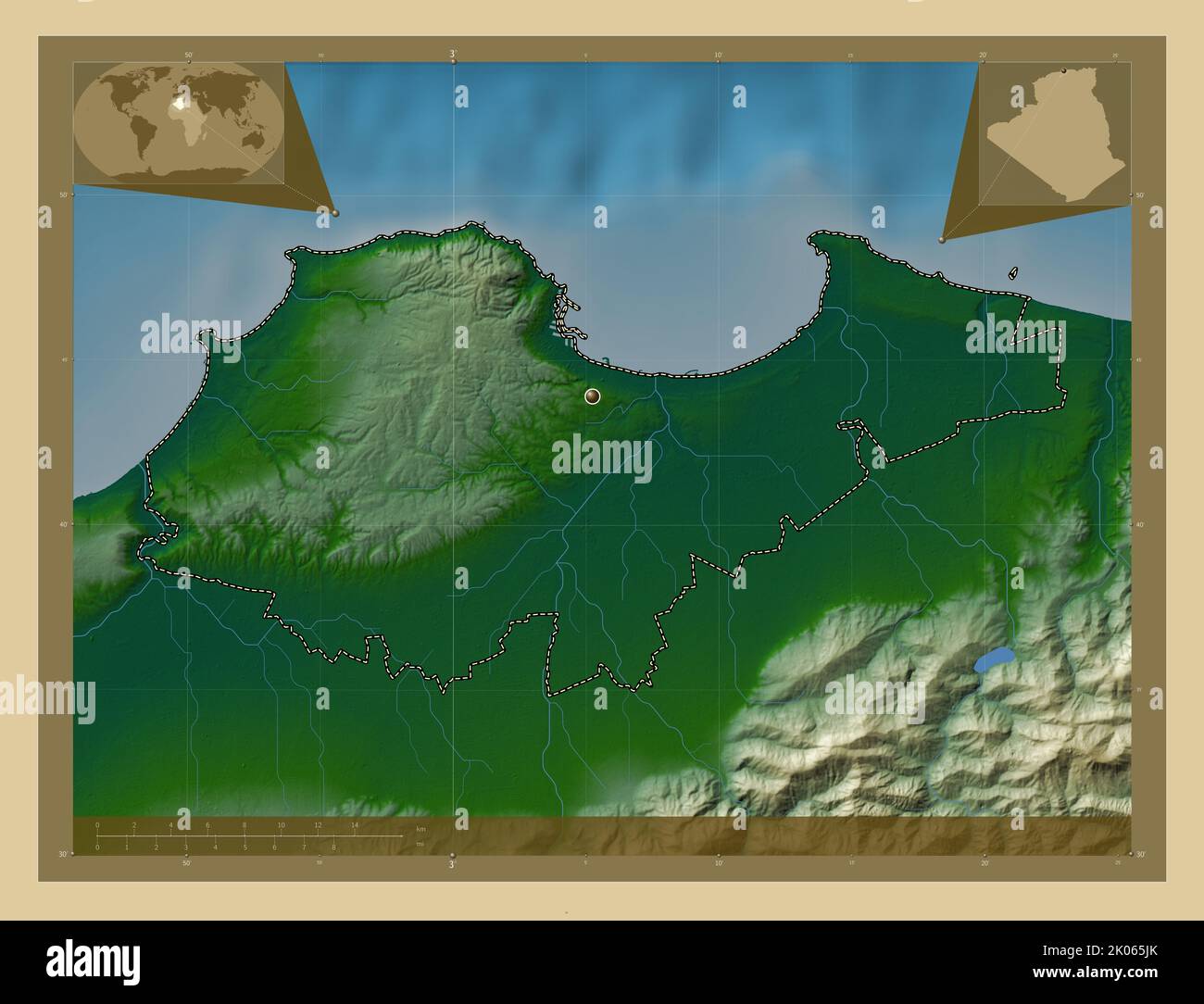 Alger, province of Algeria. Colored elevation map with lakes and rivers ...