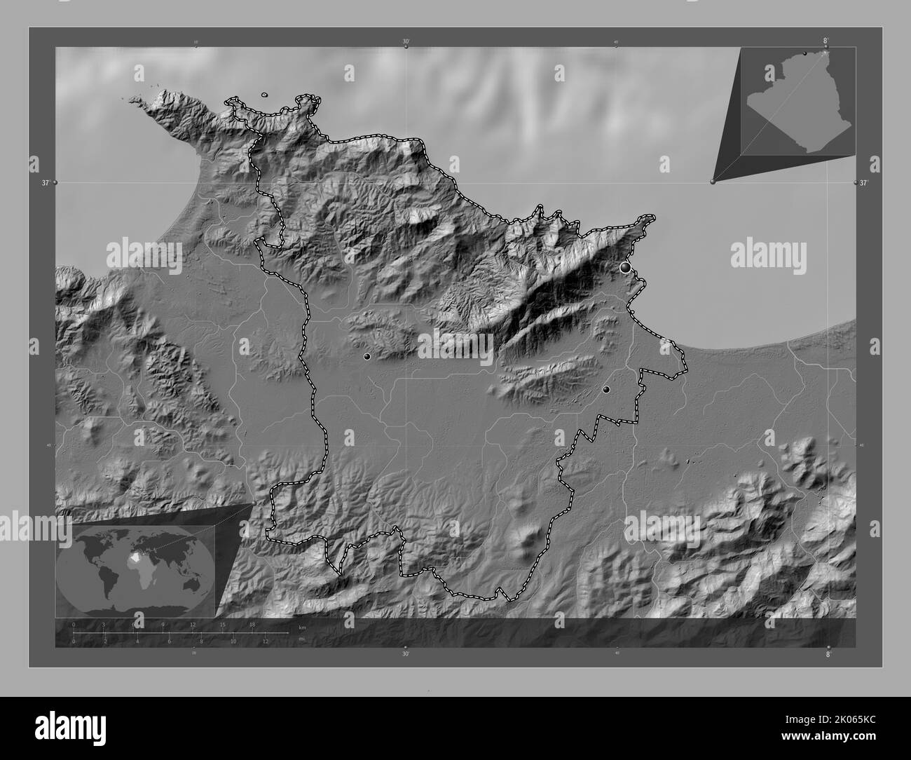 Annaba, province of Algeria. Bilevel elevation map with lakes and ...