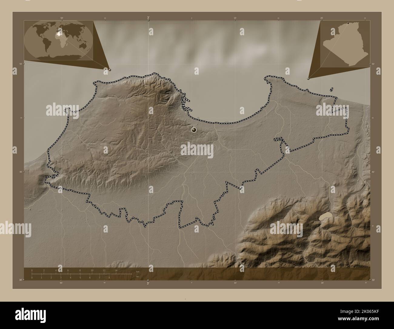 Alger, province of Algeria. Elevation map colored in sepia tones with ...