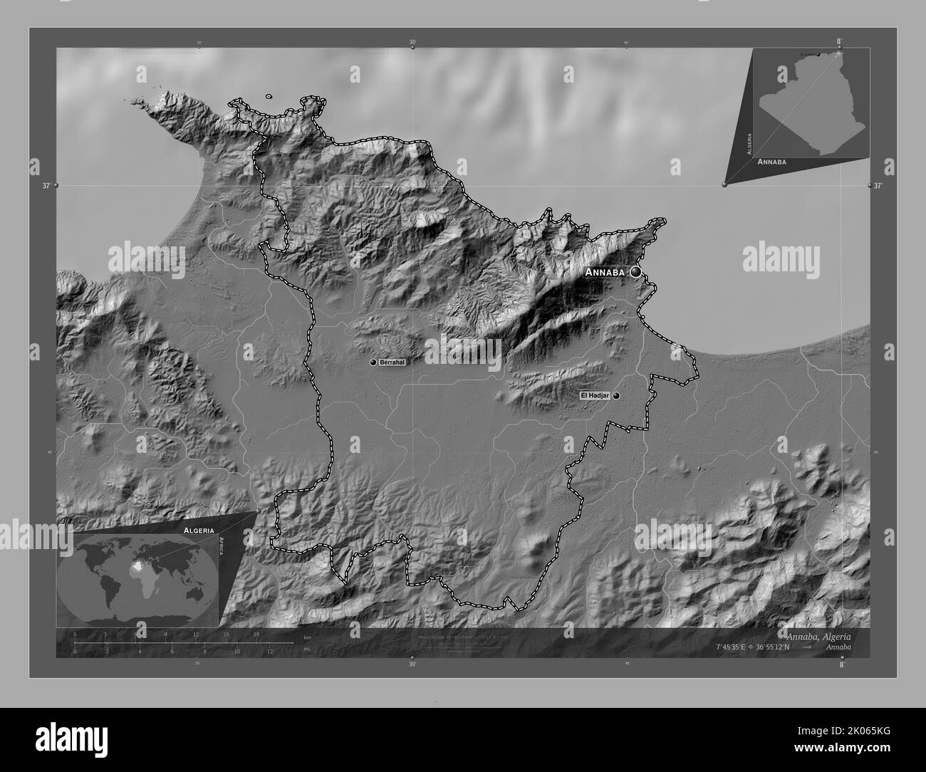 Annaba, province of Algeria. Bilevel elevation map with lakes and ...