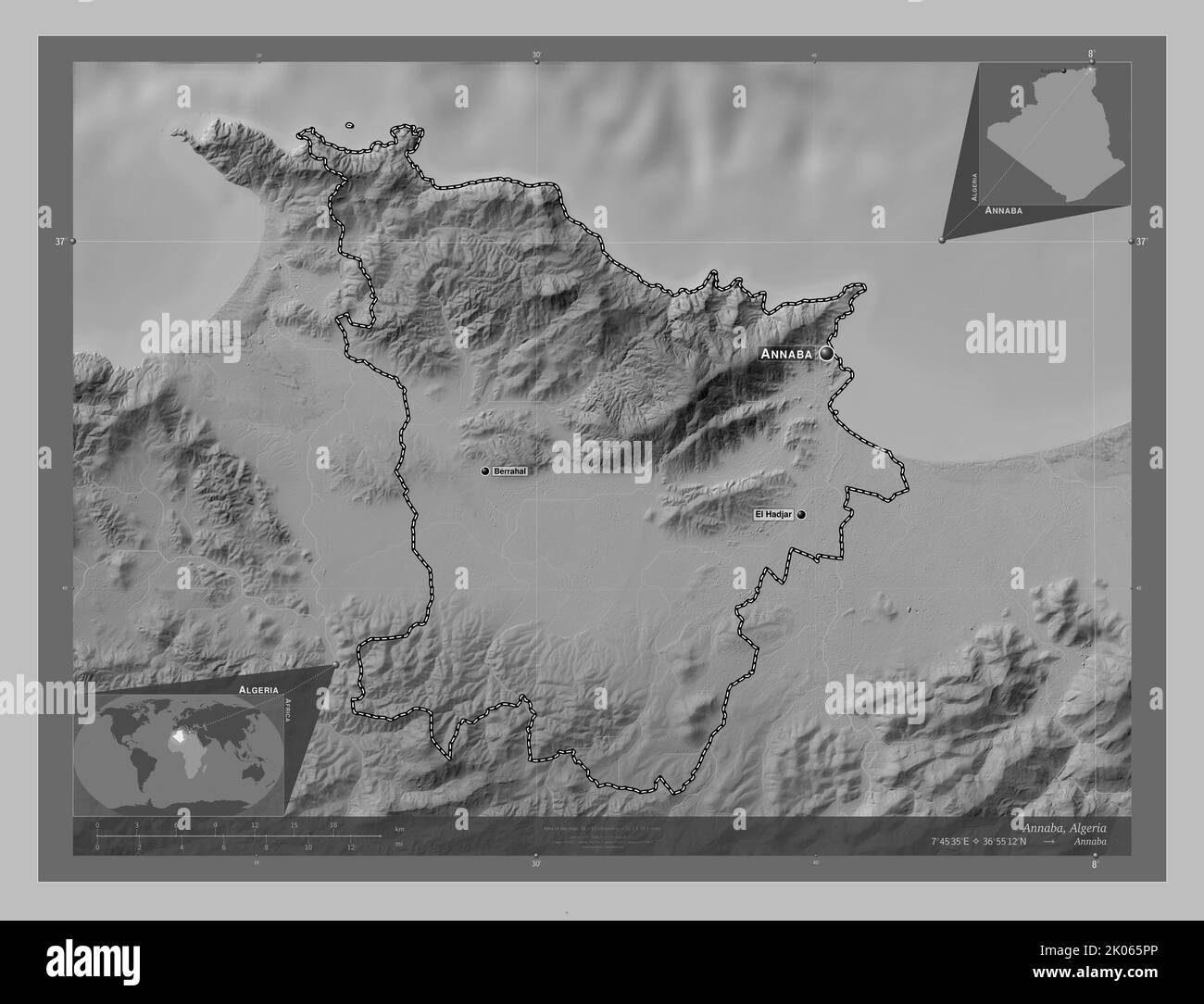 Annaba, province of Algeria. Grayscale elevation map with lakes and ...