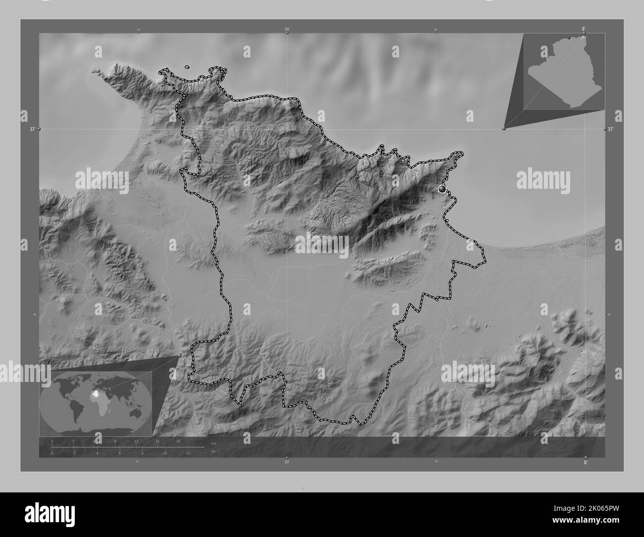 Annaba, province of Algeria. Grayscale elevation map with lakes and ...