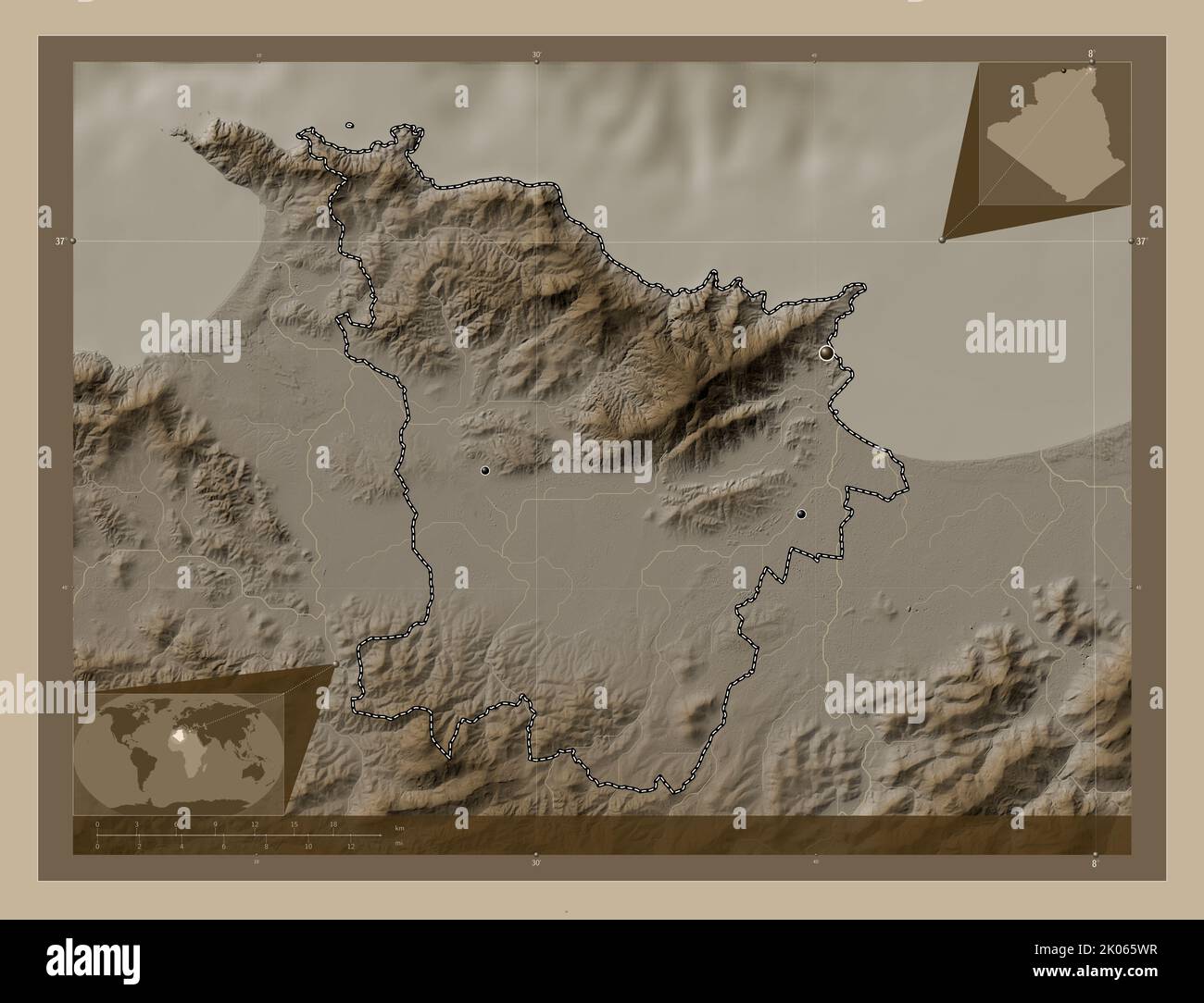 Annaba, province of Algeria. Elevation map colored in sepia tones with ...
