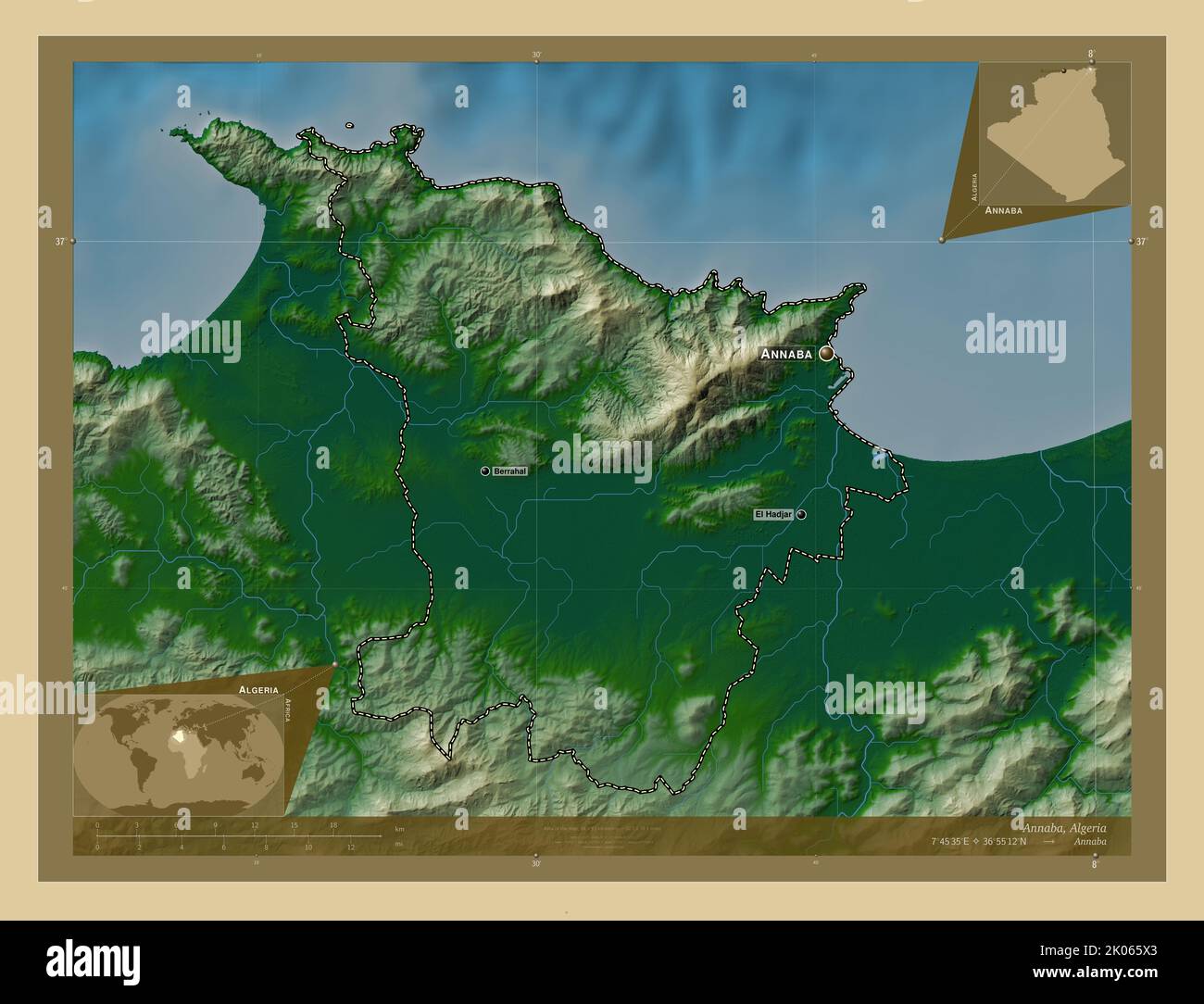 Annaba, province of Algeria. Colored elevation map with lakes and ...