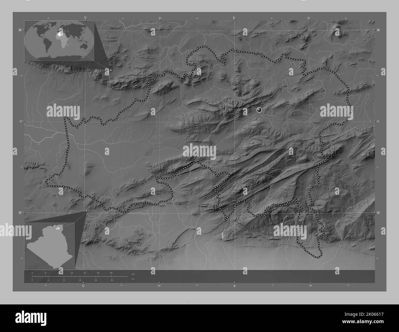 Batna, province of Algeria. Grayscale elevation map with lakes and ...
