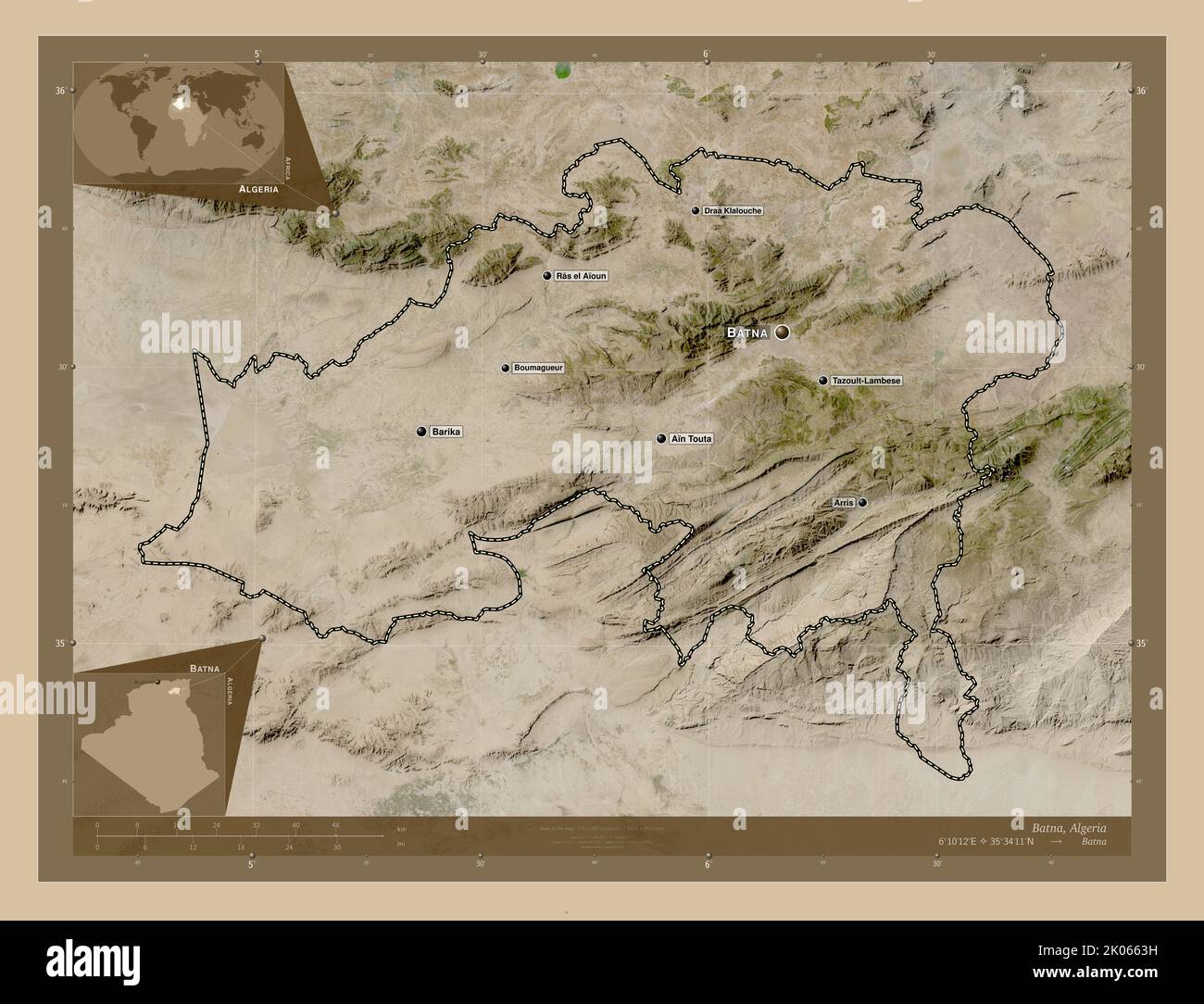 Batna, province of Algeria. Low resolution satellite map. Locations and ...