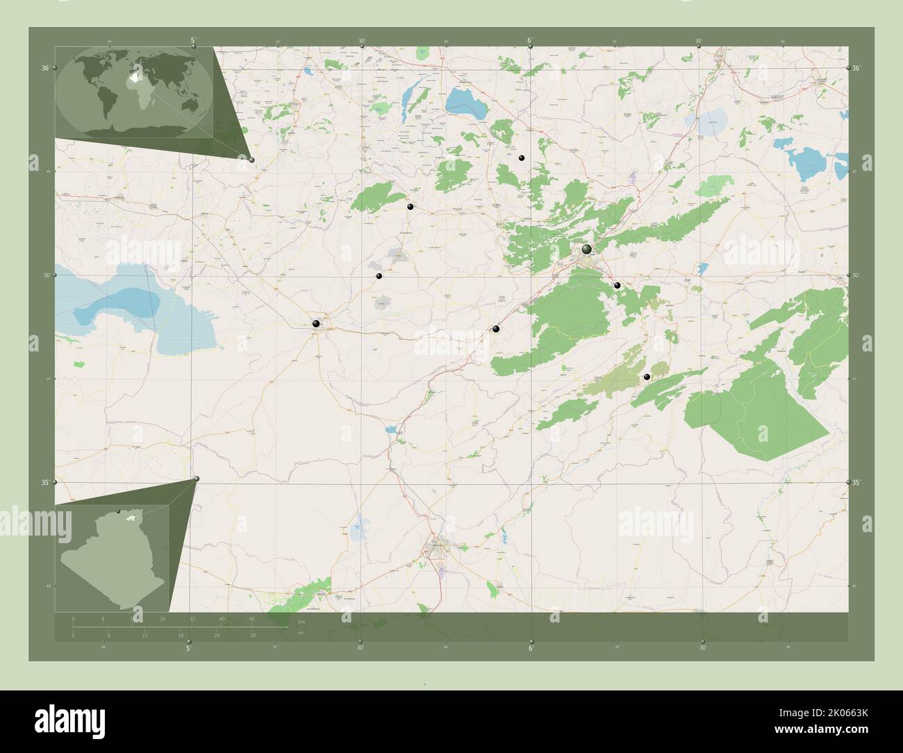 Batna, province of Algeria. Open Street Map. Locations of major cities ...