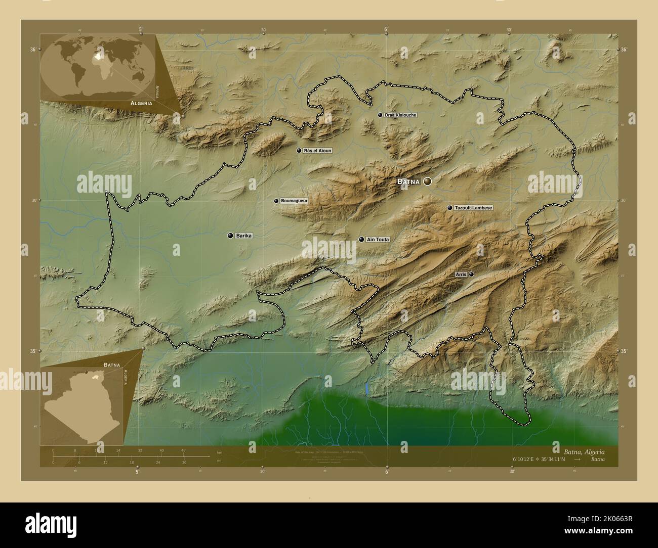 Batna, province of Algeria. Colored elevation map with lakes and rivers ...