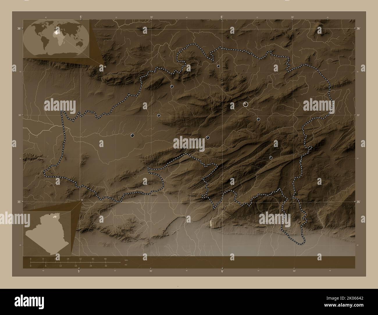 Batna, province of Algeria. Elevation map colored in sepia tones with ...