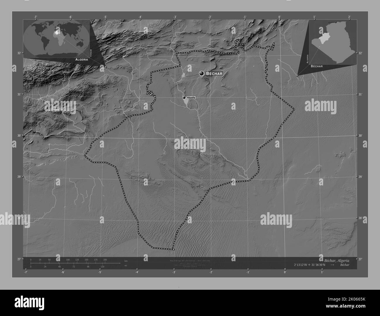 Bechar, province of Algeria. Bilevel elevation map with lakes and ...