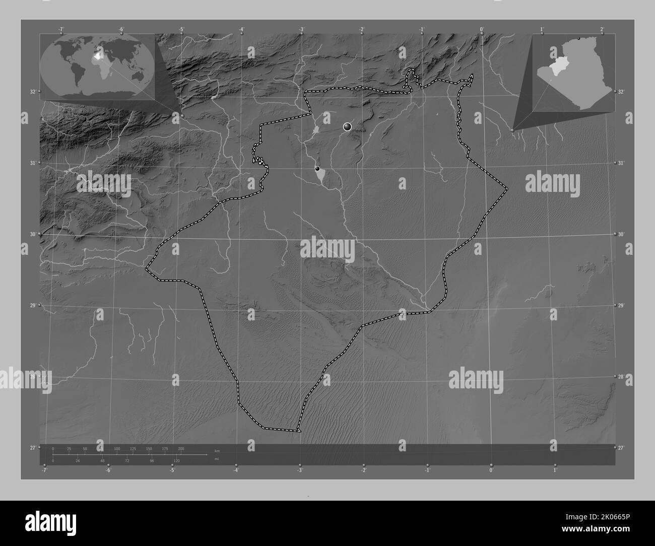 Bechar, province of Algeria. Grayscale elevation map with lakes and ...