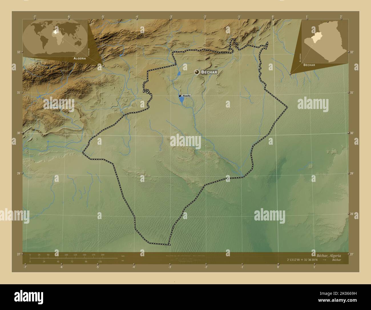 Bechar, province of Algeria. Colored elevation map with lakes and ...