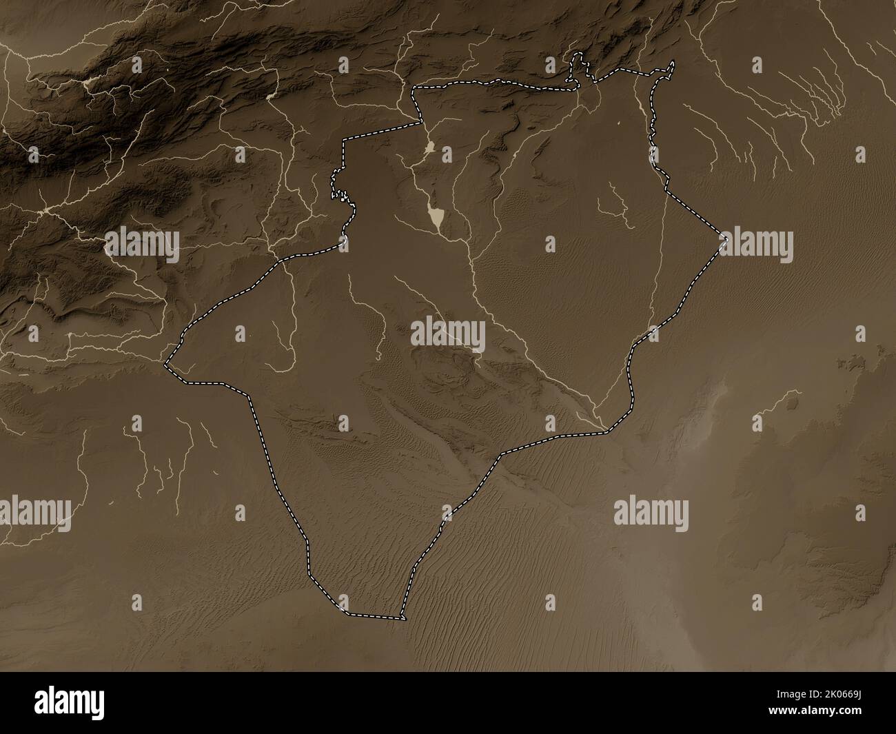 Bechar, province of Algeria. Elevation map colored in sepia tones with ...