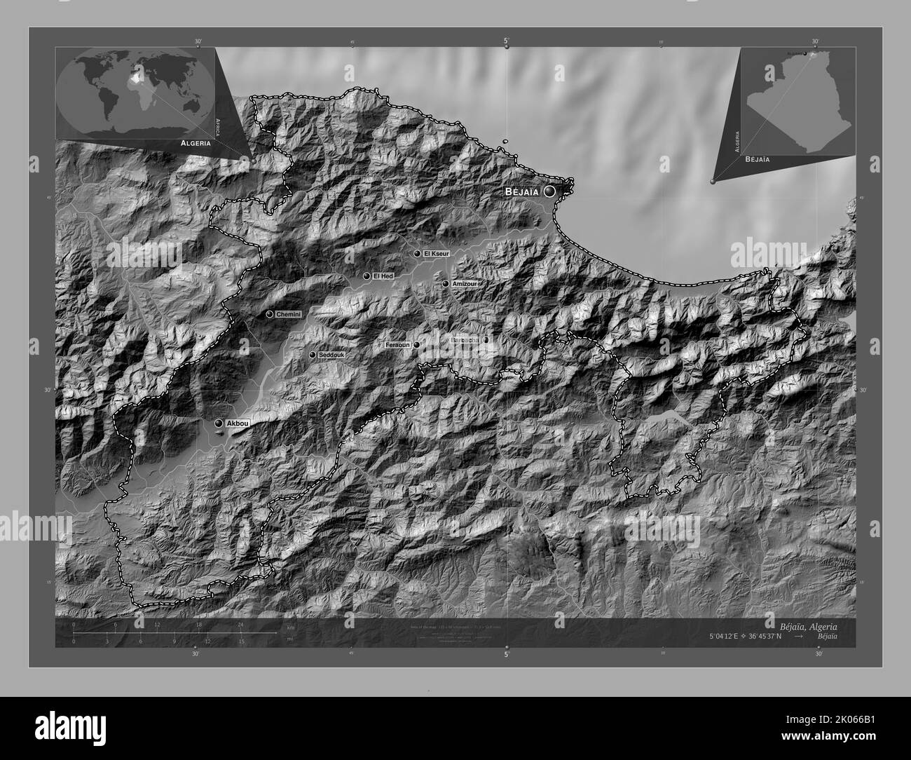 Bejaia, province of Algeria. Bilevel elevation map with lakes and ...
