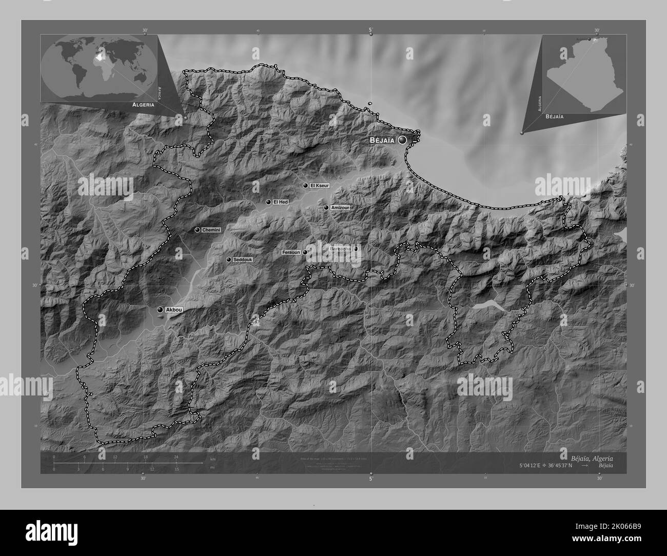 Bejaia, province of Algeria. Grayscale elevation map with lakes and ...