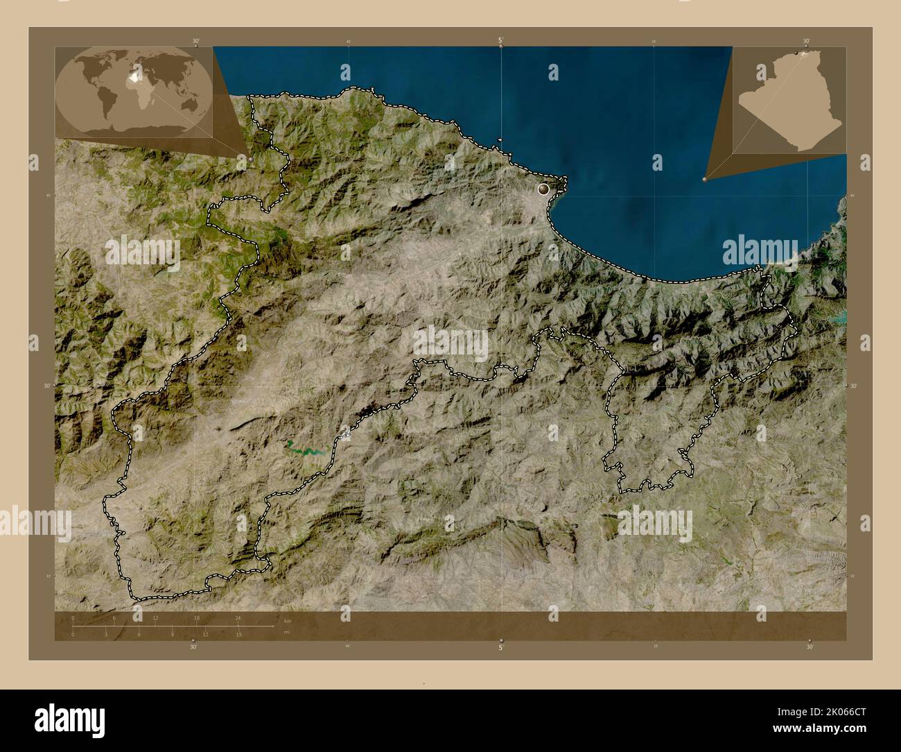 Bejaia, province of Algeria. Low resolution satellite map. Corner ...
