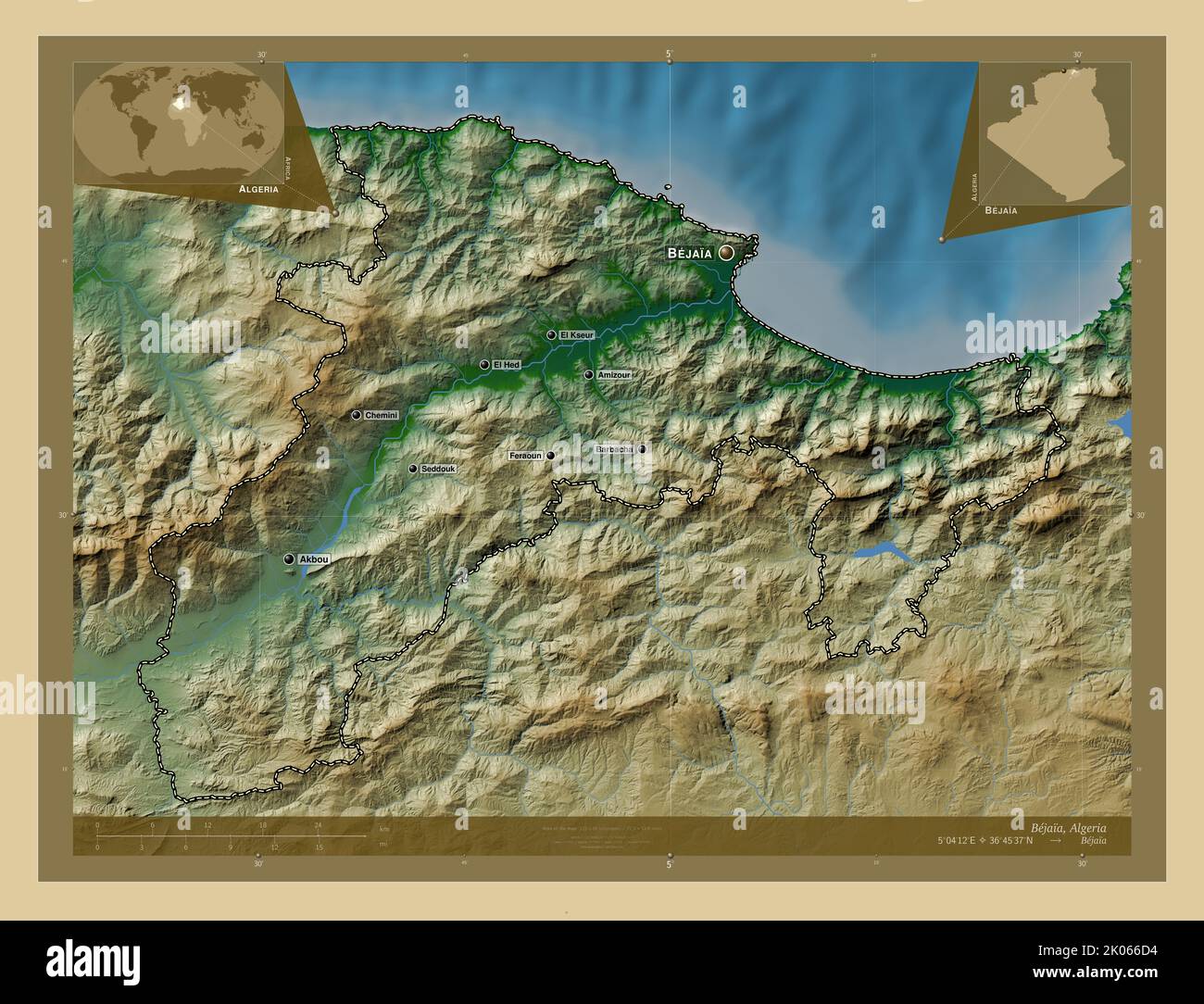 Bejaia, province of Algeria. Colored elevation map with lakes and ...