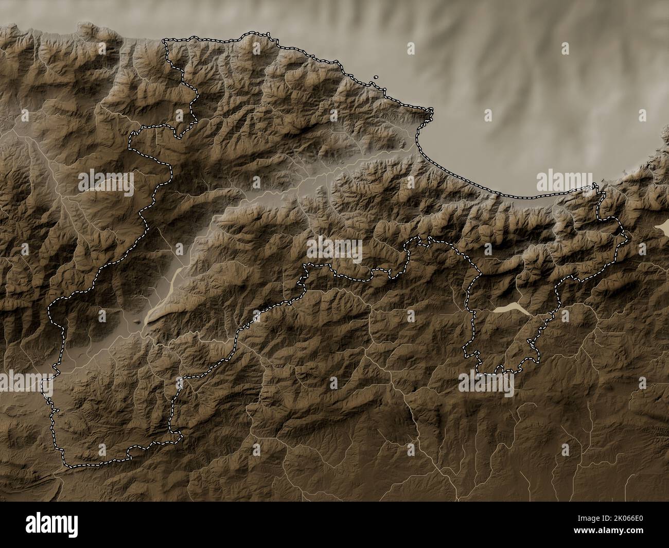 Bejaia, province of Algeria. Elevation map colored in sepia tones with ...