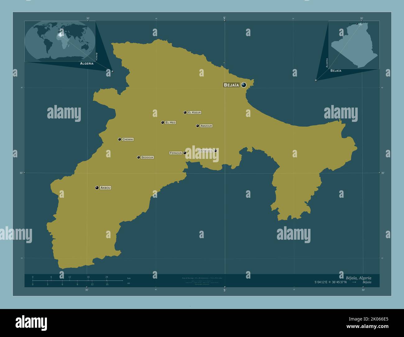 Bejaia, province of Algeria. Solid color shape. Locations and names of ...