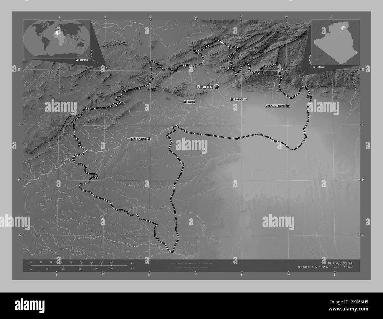 Biskra, province of Algeria. Grayscale elevation map with lakes and ...