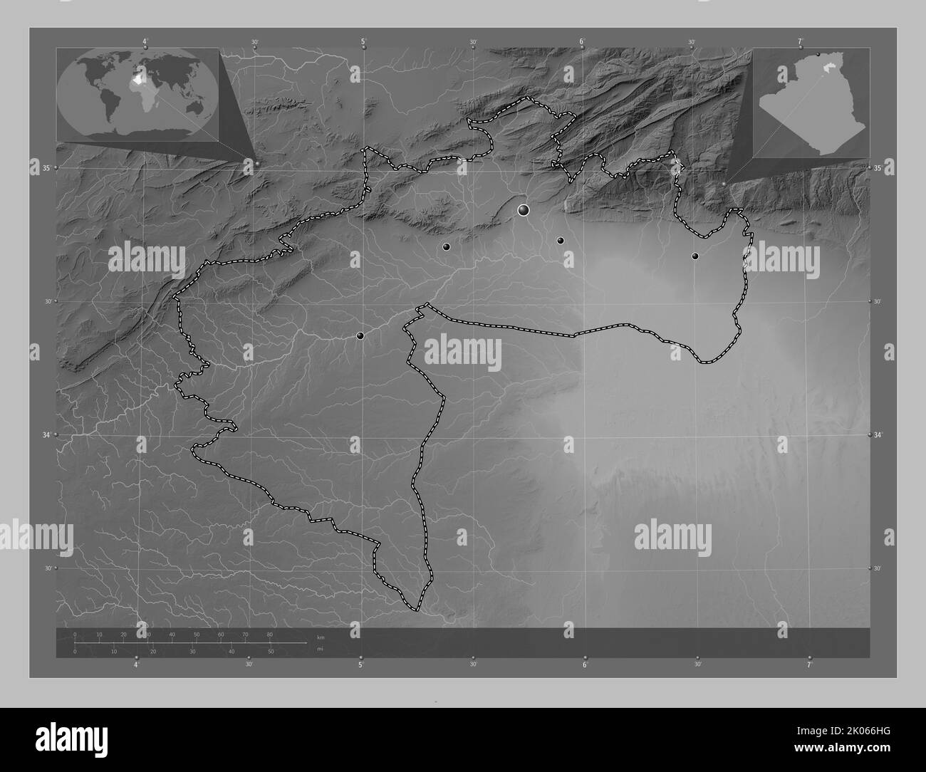 Biskra, province of Algeria. Grayscale elevation map with lakes and ...
