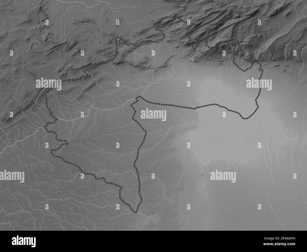 Biskra, province of Algeria. Grayscale elevation map with lakes and ...