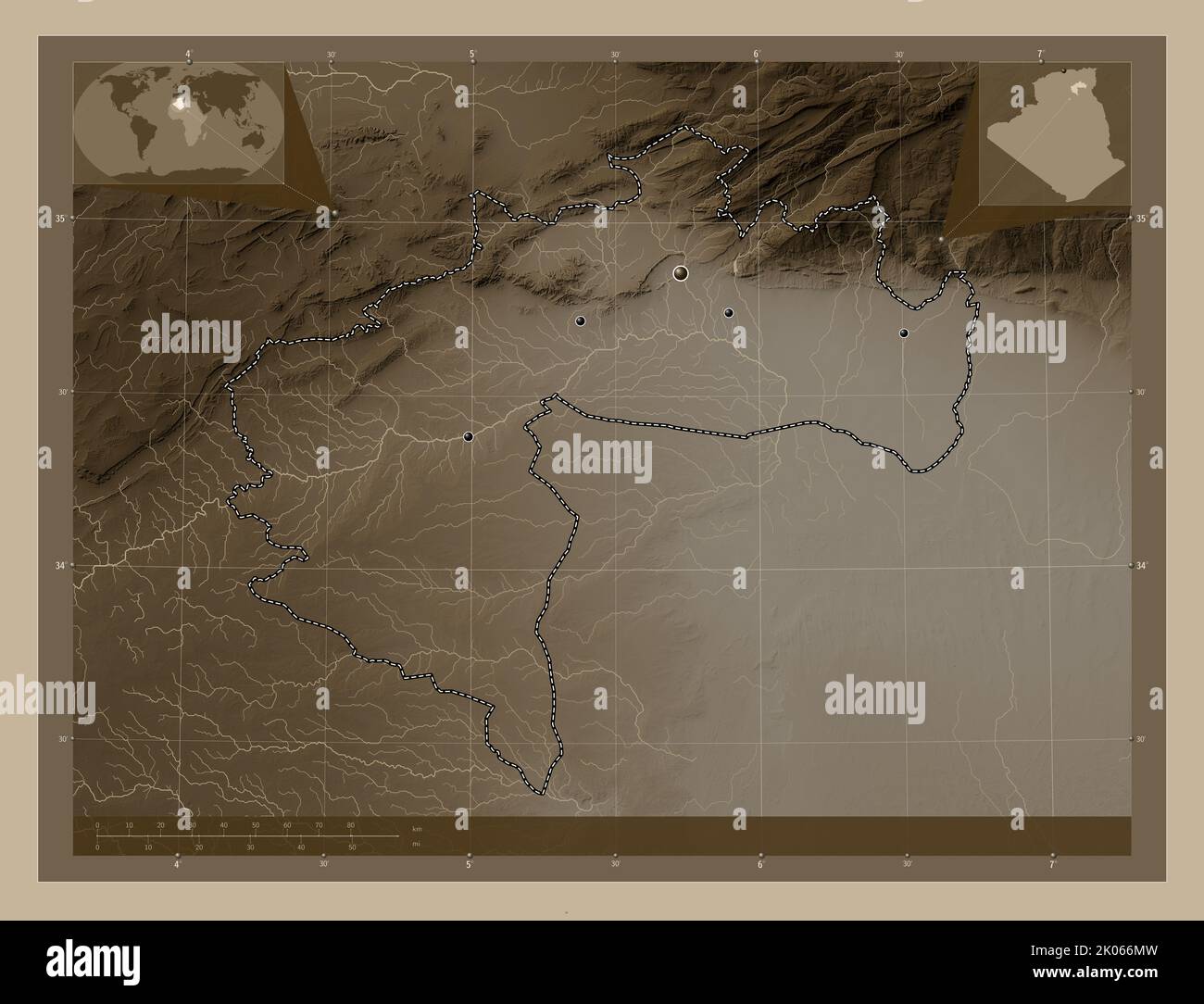 Biskra, province of Algeria. Elevation map colored in sepia tones with ...