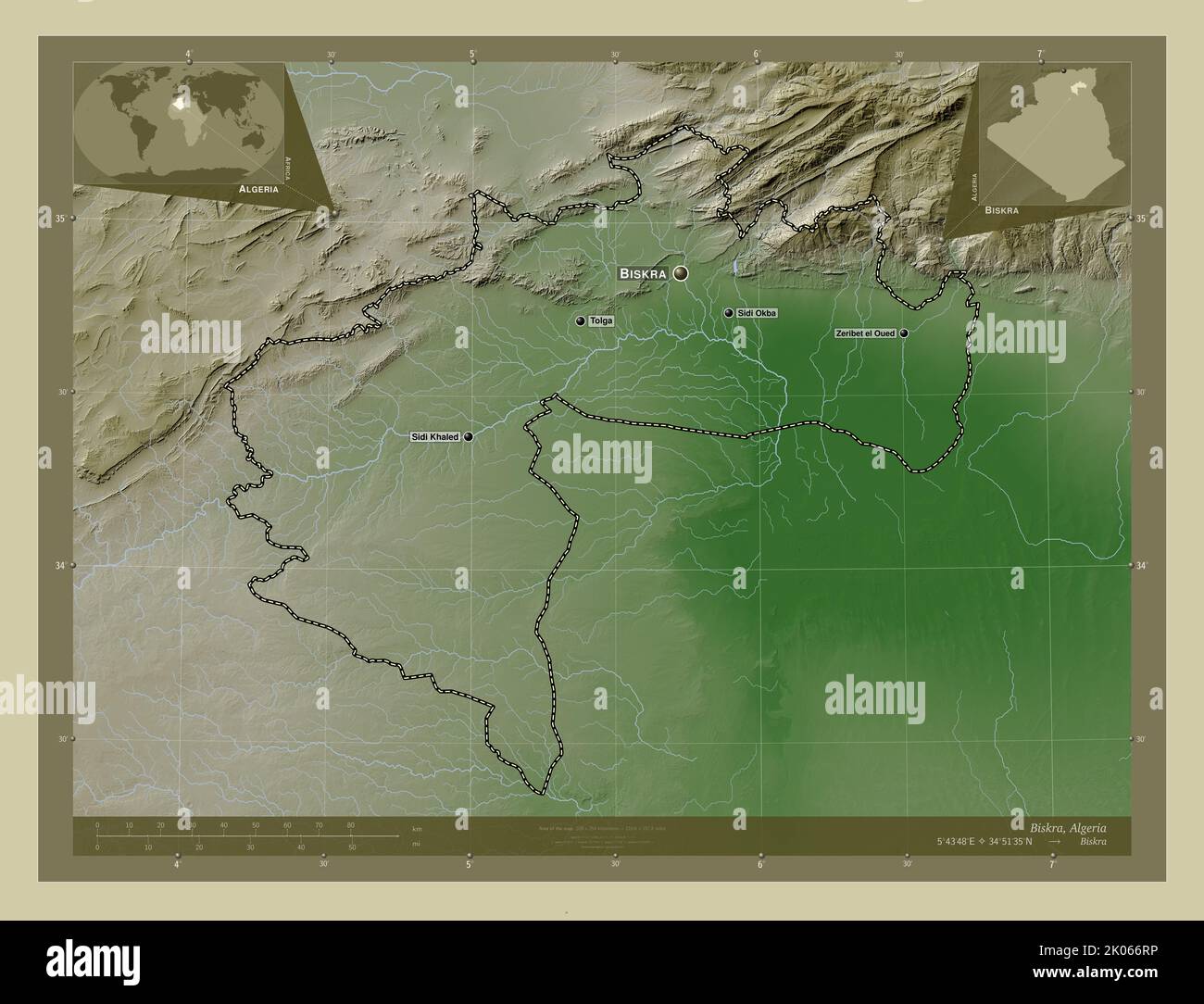 Biskra, province of Algeria. Elevation map colored in wiki style with ...