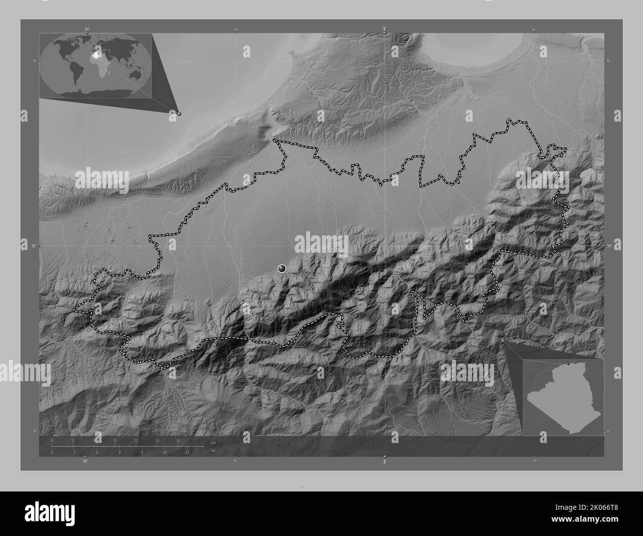 Blida, province of Algeria. Grayscale elevation map with lakes and ...
