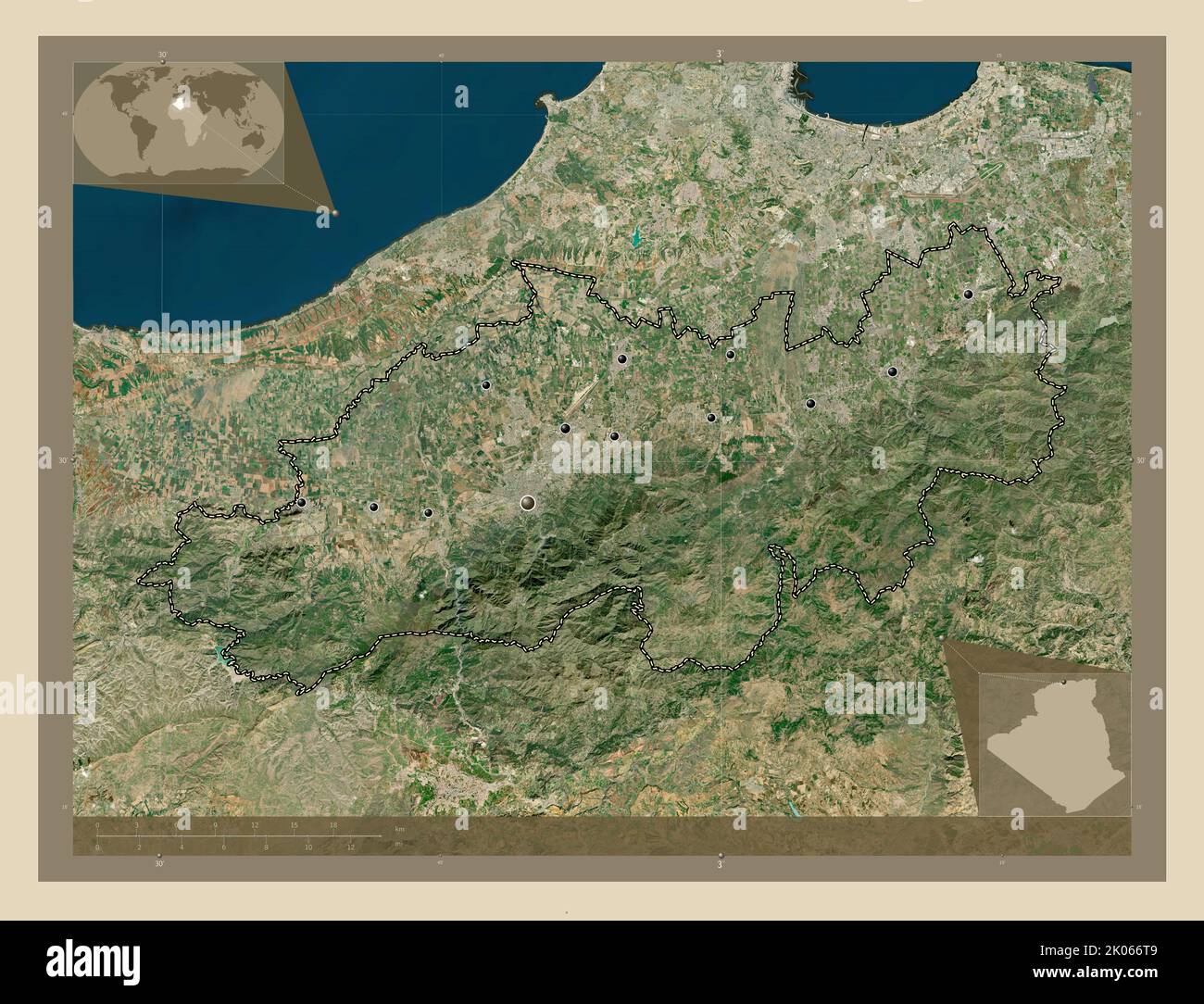 Blida, province of Algeria. High resolution satellite map. Locations of ...