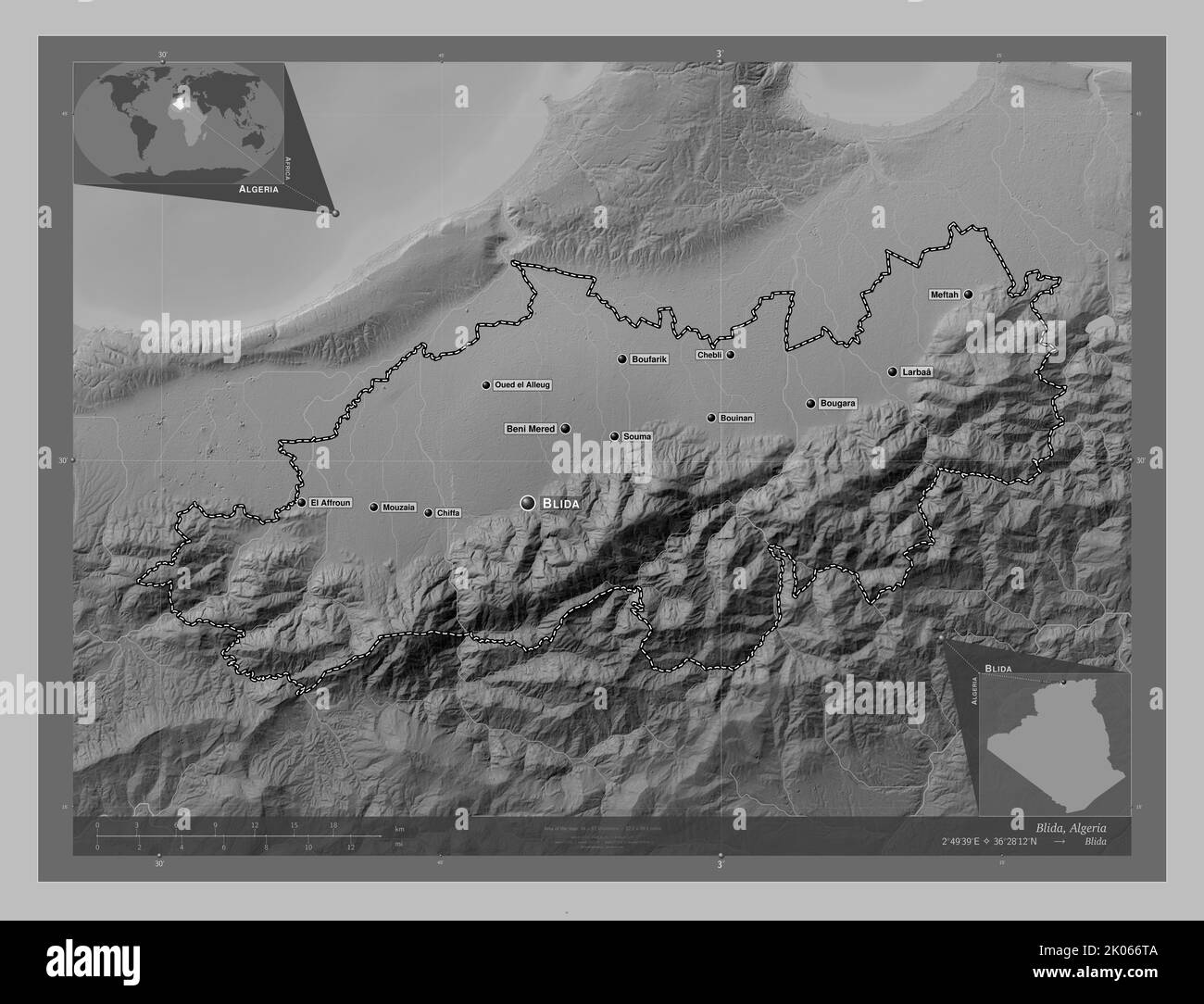 Blida, province of Algeria. Grayscale elevation map with lakes and ...