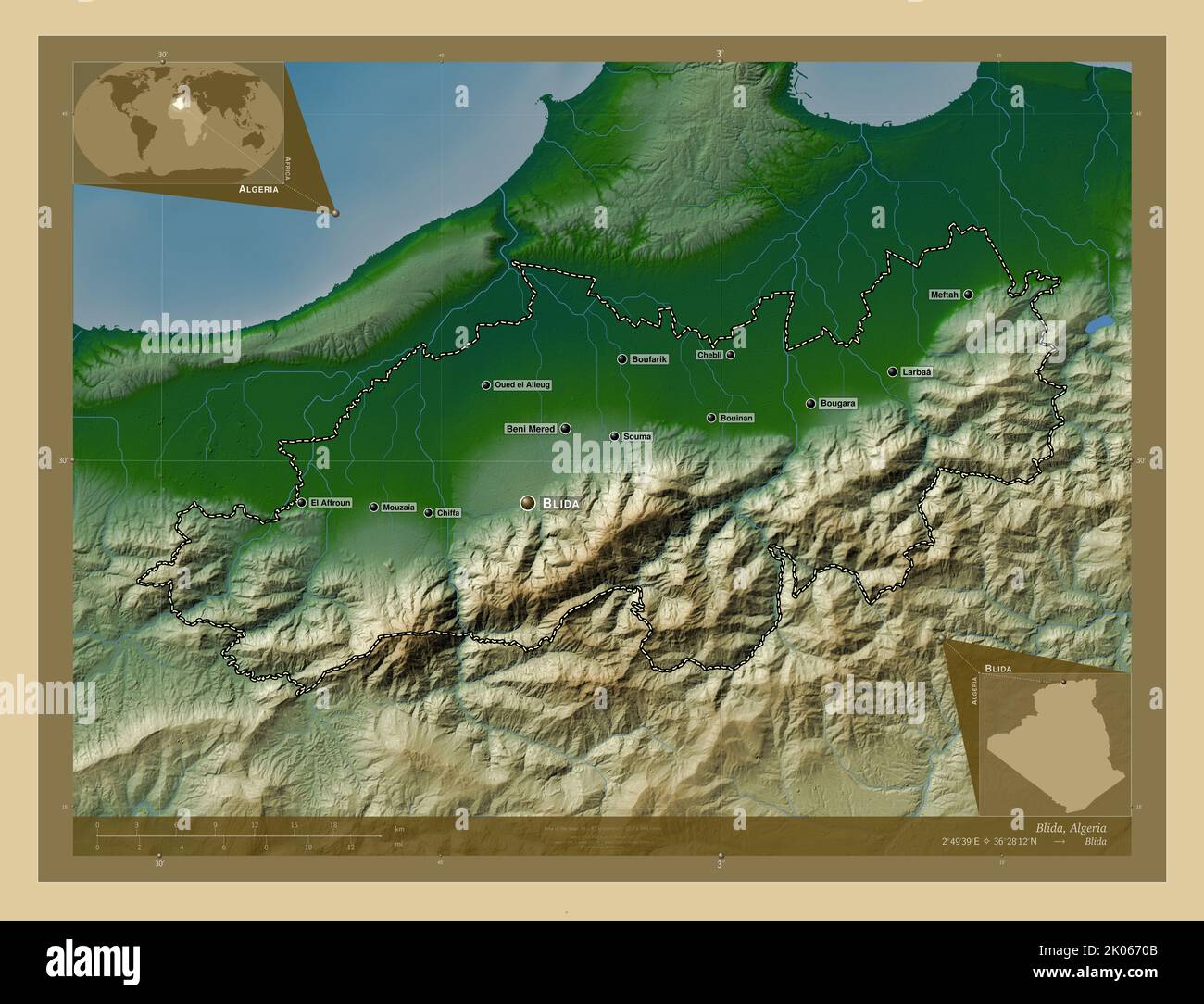 Blida, province of Algeria. Colored elevation map with lakes and rivers ...