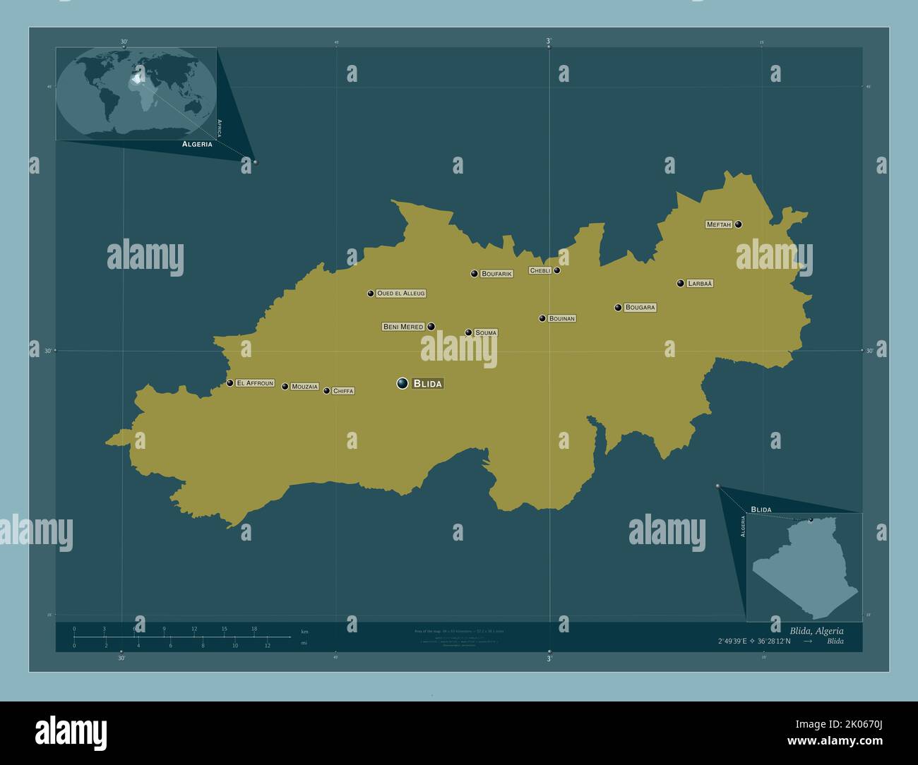 Blida, province of Algeria. Solid color shape. Locations and names of ...